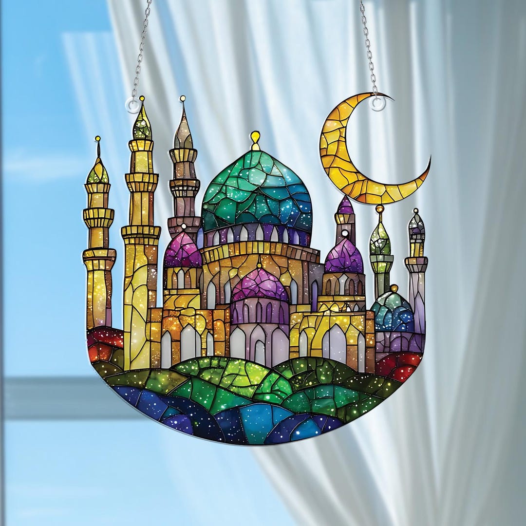 Mosque and Moon Suncatcher - Colorful Islamic Art Window Hanging ...