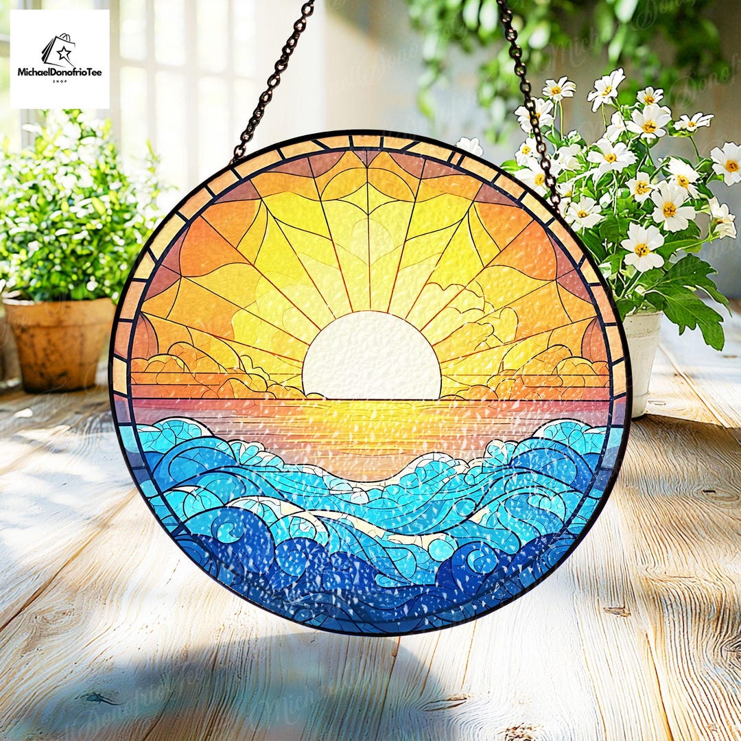 Sunset Waves Stained Glass Suncatcher, Beautiful Ocean Window Art ...