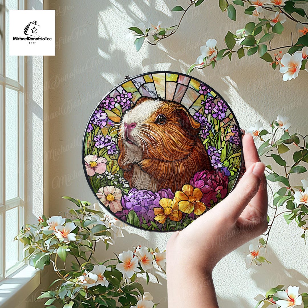 Guinea Pig Stained Glass, Floral Home Decor Accent, Living Room Bedroom ...
