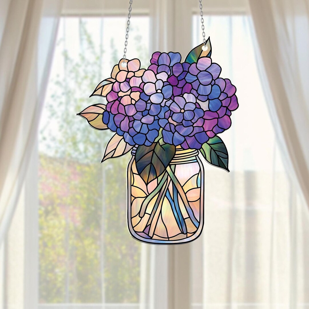 Hydrangea Window Hanging, Floral Mason Jar Sun Catcher, Handmade Car ...