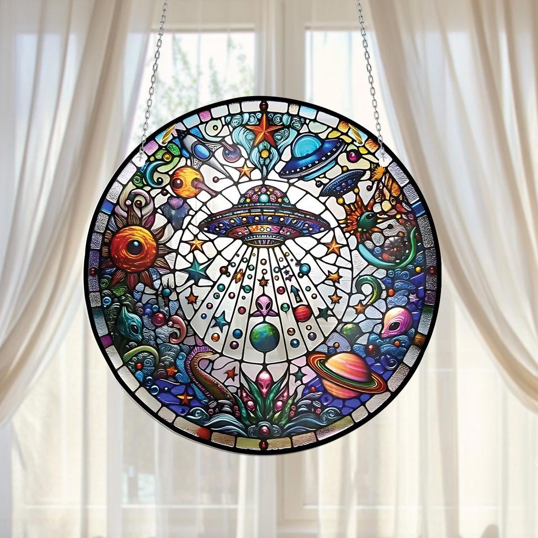 UFO Stained Glass SUNCATCHER, Outer Space Decor, Alien and Planet Art ...