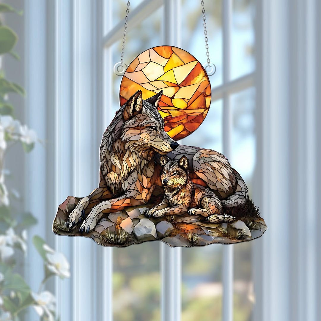Acrylic Wolf Window Hanging SUNCATCHER, Wolf and Pup Decor, Animal ...
