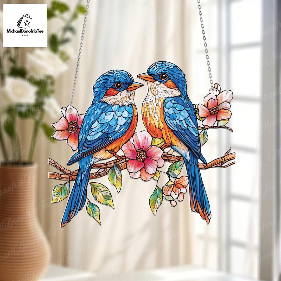Blue Birds With Flowers Window Hanging, Acrylic Home Decor, Whimsical ...
