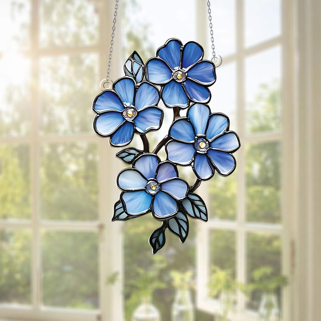 Blue Flower Window Hanging, Floral Window Decor, Handmade Sun Catcher ...