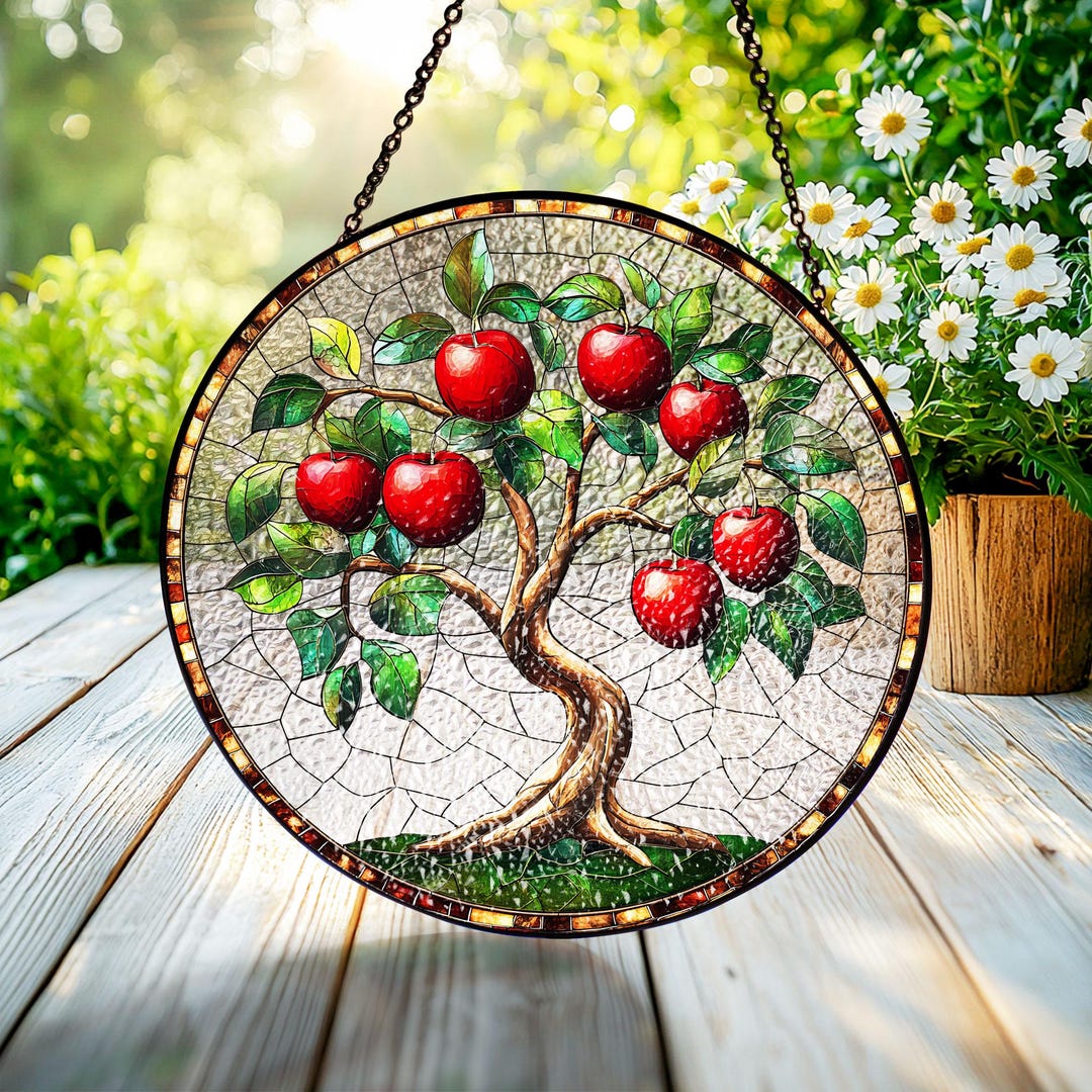 Apple Tree Stained Glass Suncatcher, Kitchen Window Decor, Farmhouse ...
