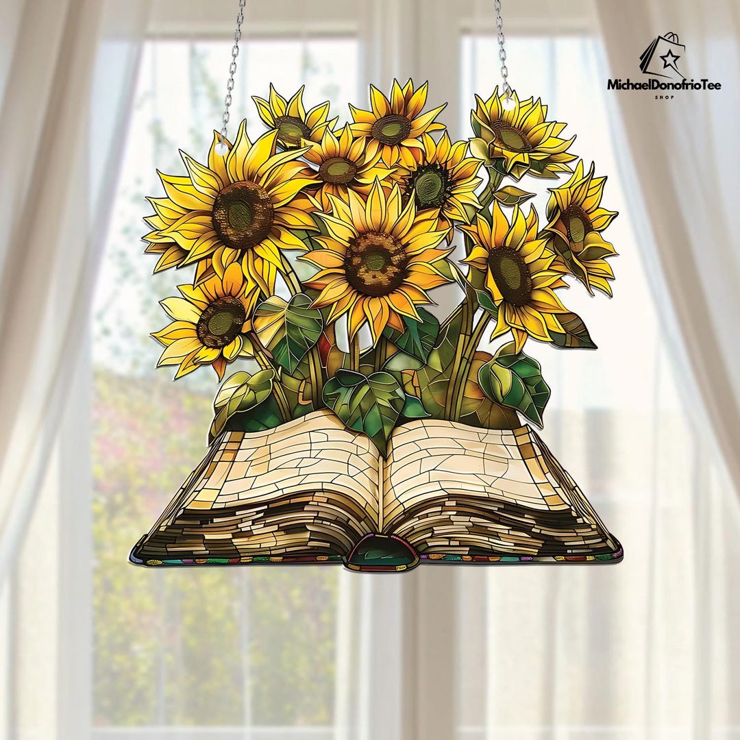 Sunflower Window Hanging Suncatcher, Book and Sunflower Glass Art ...