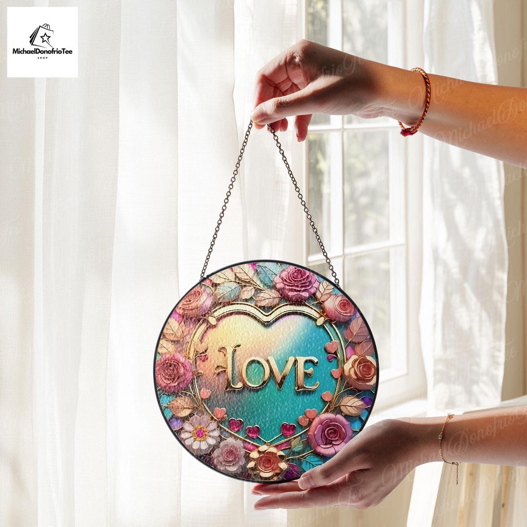Romantic LOVE Stained Glass Suncatcher, Heart-shaped Window Hanging ...