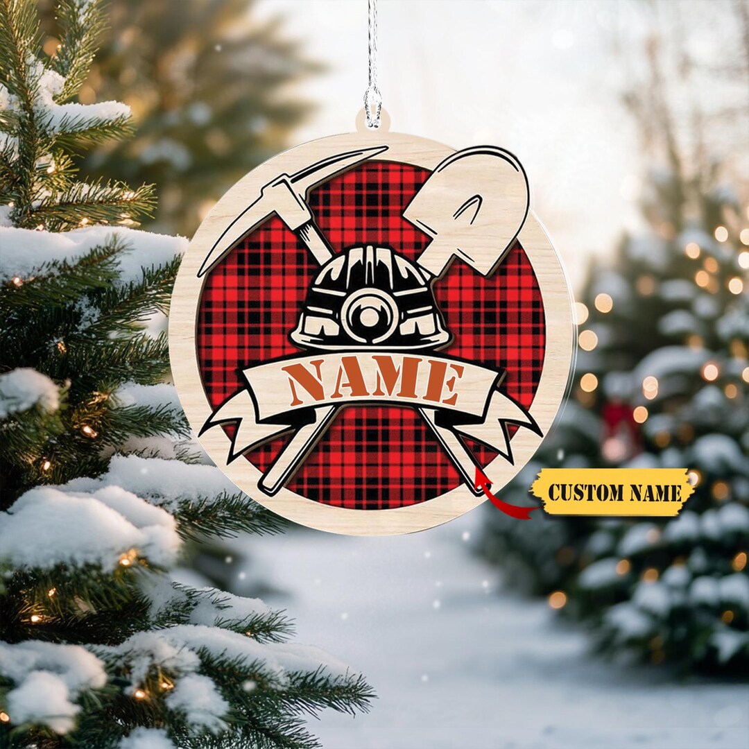 Custom Mining Ornament FLAT 2D With Name, Plaid Design Miner Decor ...