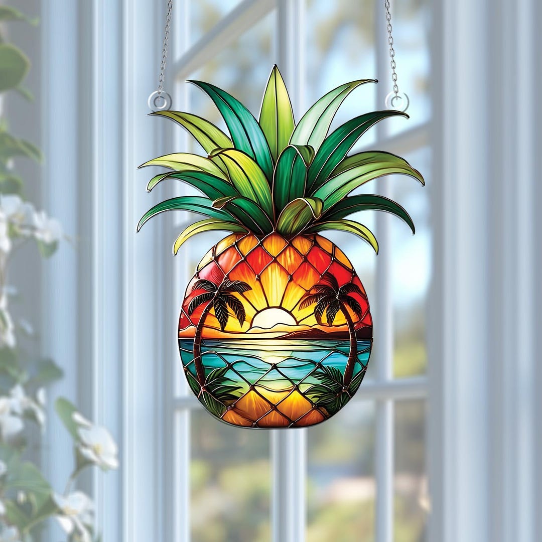 Pineapple Window Hanging, Tropical Sunset Window Decor, Beach Vibes Sun ...