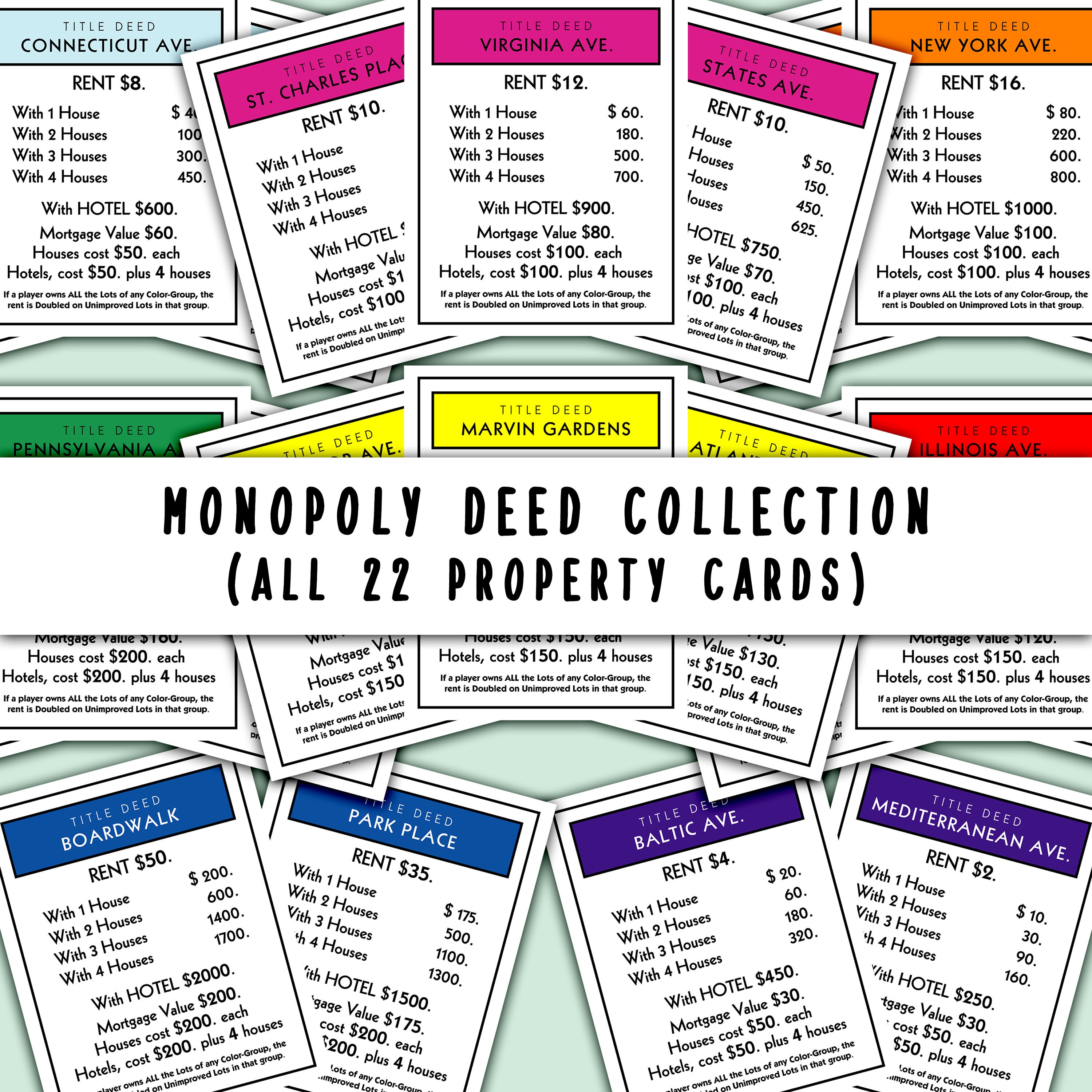 Monopoly Deed Collection, Set of 22 Cards, Complete Monopoly Deed Set ...