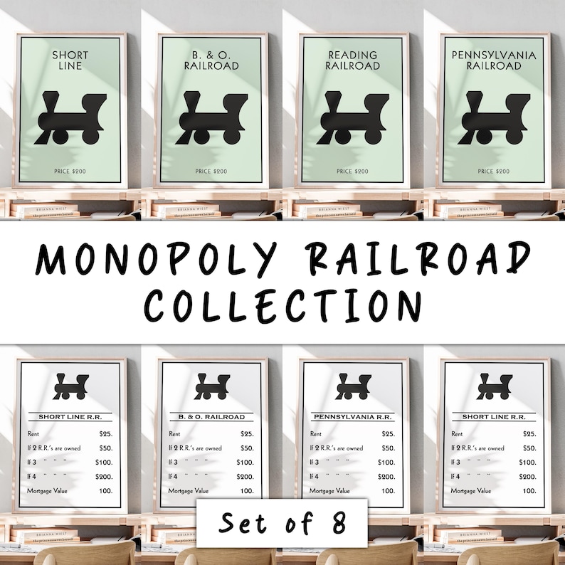 Minimalist Monopoly Railroad Collection, Set of 8, Monopoly Poster ...