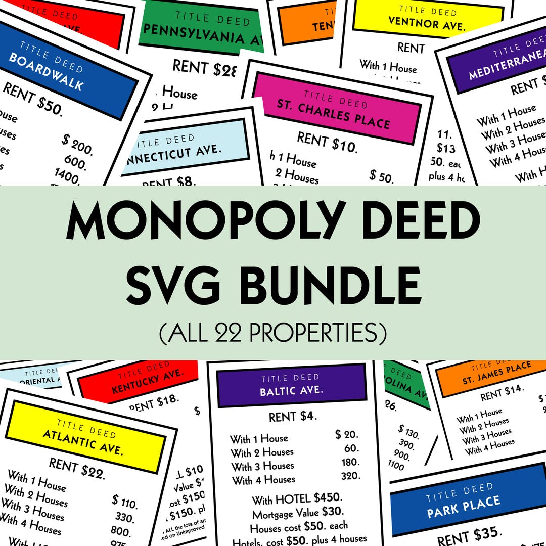 Monopoly Deed Svg Bundle, Set of 22 Cards, Complete Monopoly Deed Set, Monopoly Board Properties ...