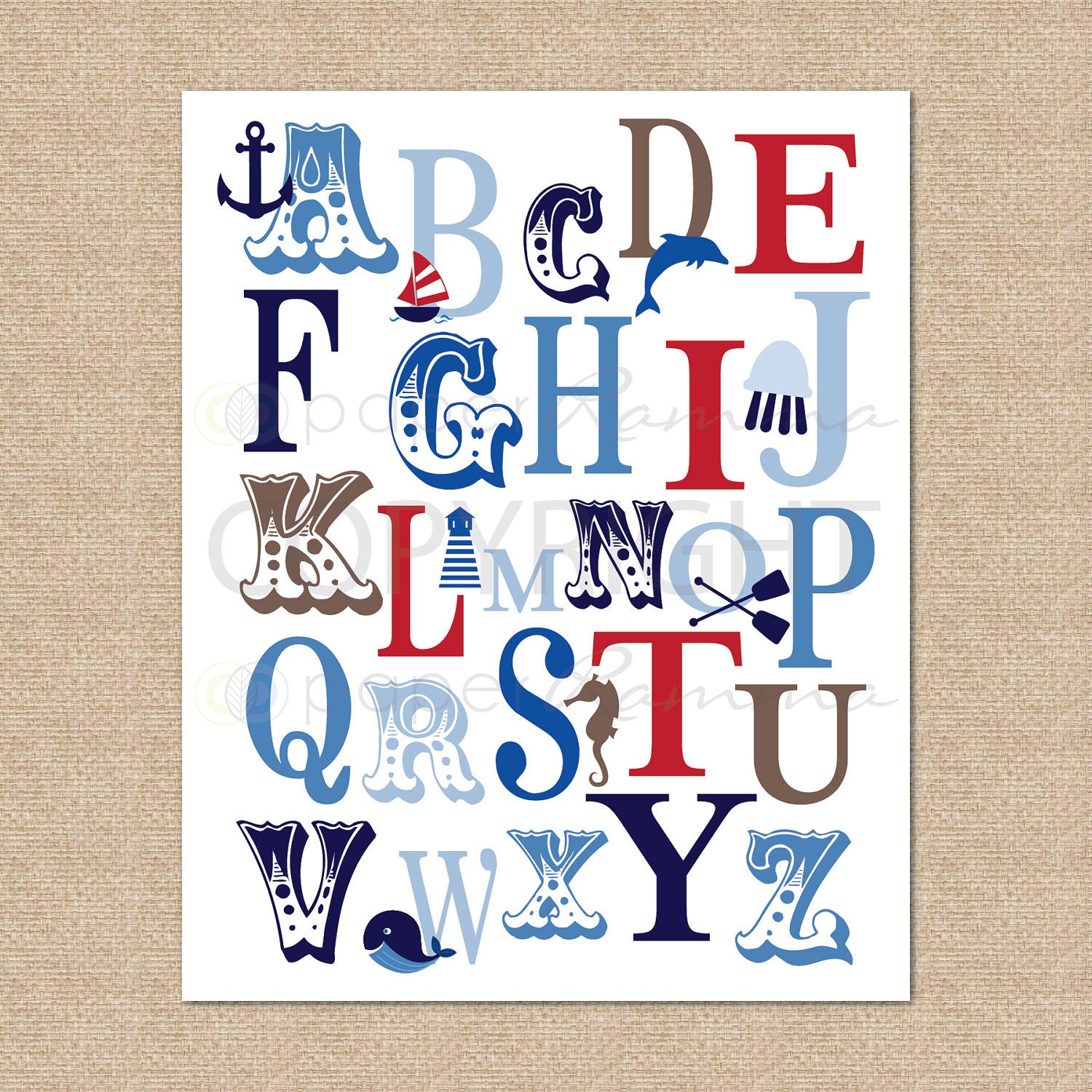 ABC Typography Art Print Ocean Nautical RWB // Giclée Art | Etsy
