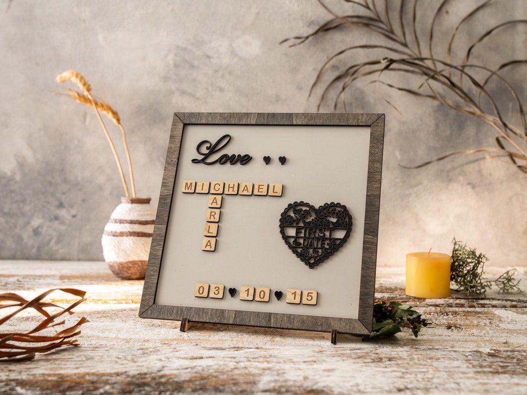 Personalized First Date Photo Frame With Scrabble-style Names and Heart ...