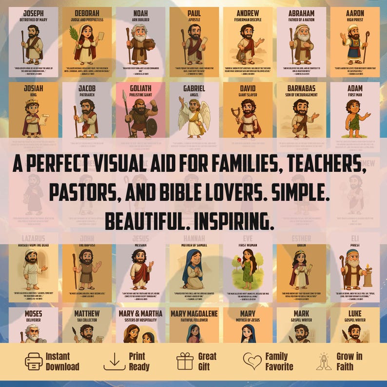 Printable Bible Character Cards for Kids: Christian Learning Flashcards ...