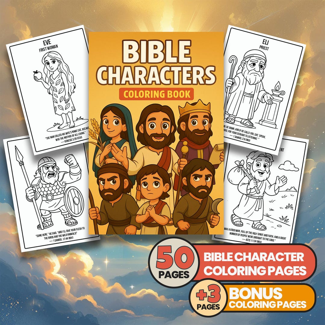 Bible Character Coloring Book for Kids: 50 Printable Pages With Verses ...