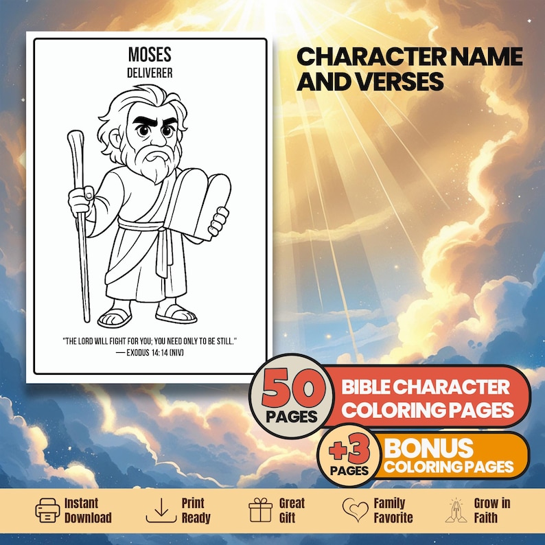 Bible Character Coloring Book for Kids: 50 Printable Pages With Verses ...
