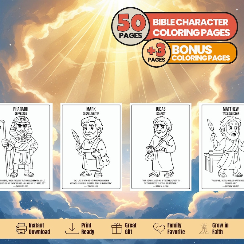 Bible Character Coloring Book for Kids: 50 Printable Pages With Verses ...