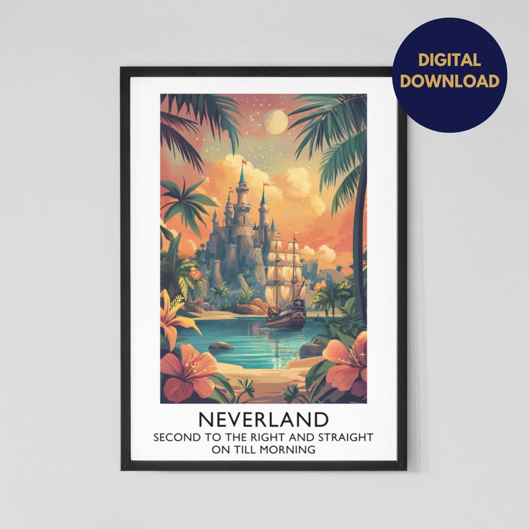 Digital Neverland Vintage Style Travel Poster | Wall Art Print | J M Barrie Classic Children's ...