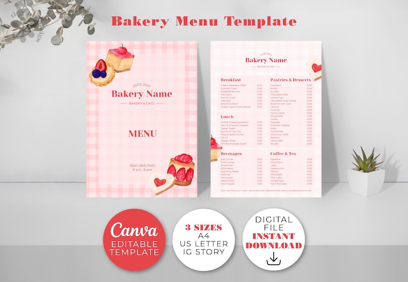 Custom Pink Bakery & Cafe Menu, Personalized Bakery Price List, Digital ...