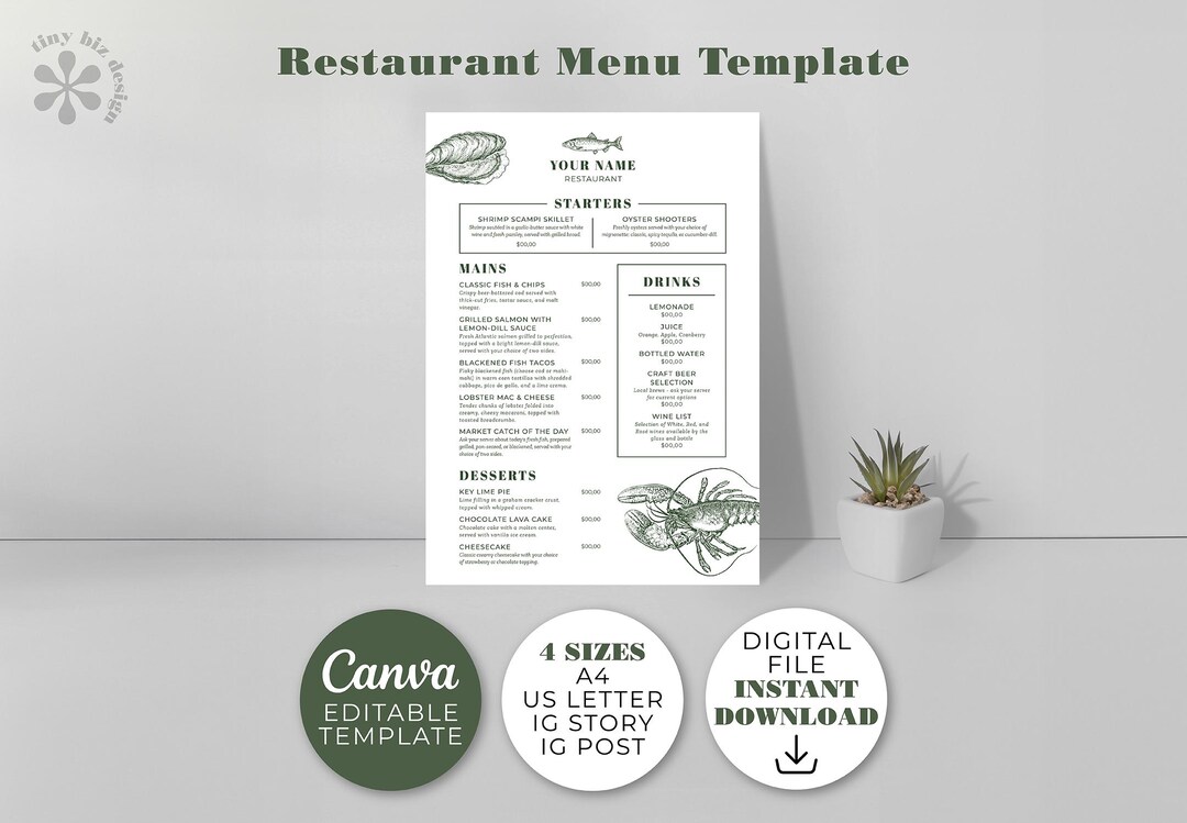 Custom Seafood and Fish Menu, Modern and Editable Digital Menu Template ...