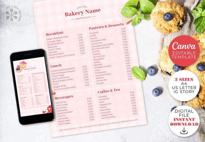 Pink Bakery Menu Template, Editable Cafe Price List (digital Download ...
