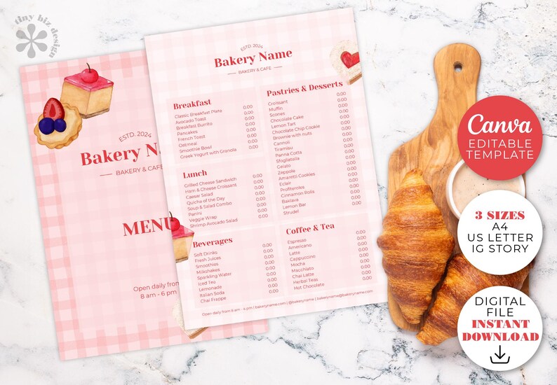 Pink Bakery Menu Template, Editable Cafe Price List (digital Download ...
