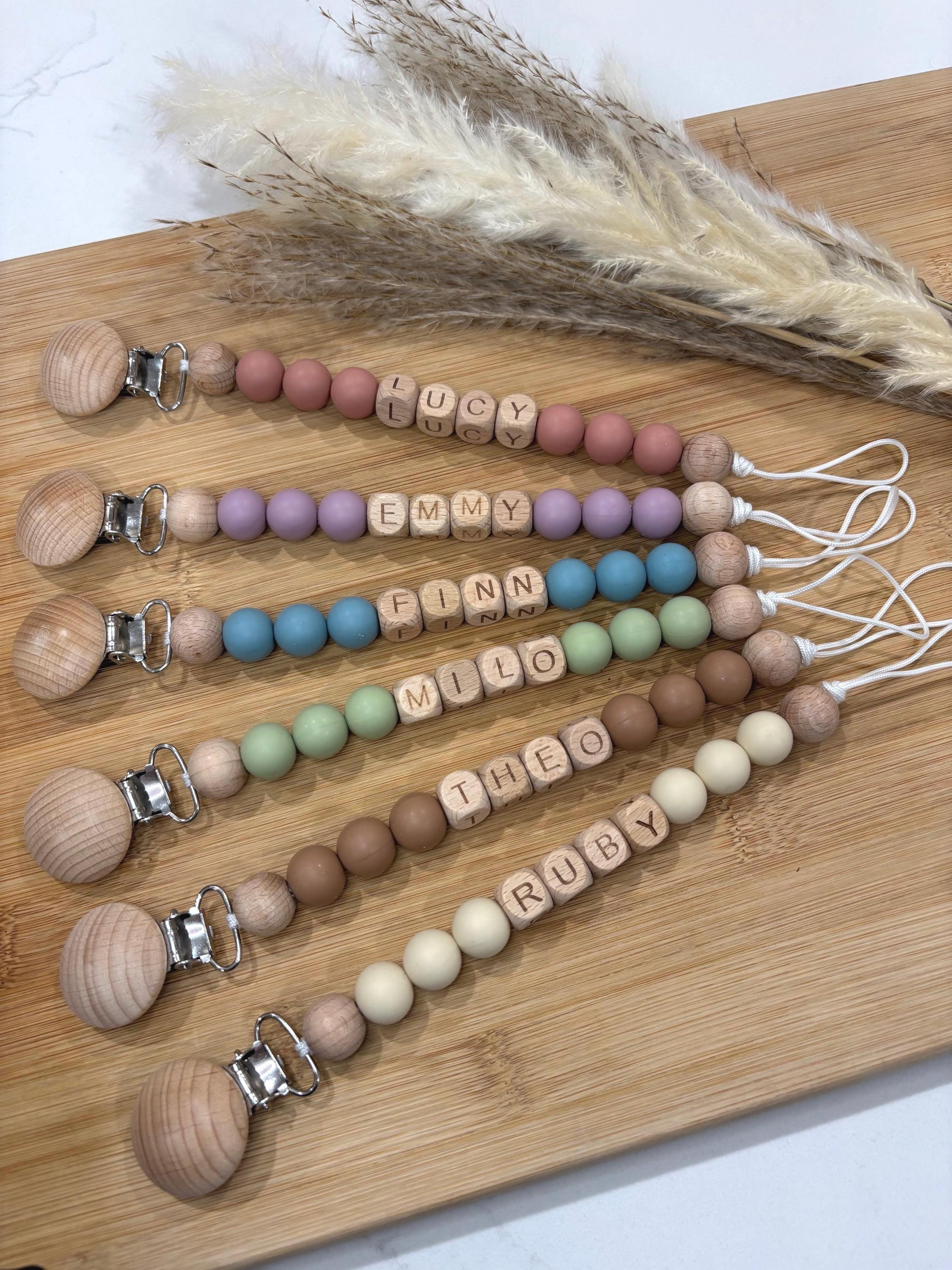 Personalized Baby Soother Clip: Neutral Wood & Silicone Beads - Etsy Canada