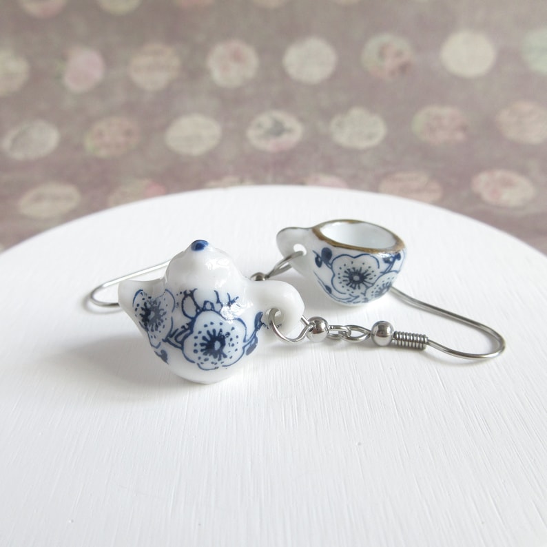 Teapot Tea Cup Earrings, Classic Blue Flower Miniature Set, Stainless ...