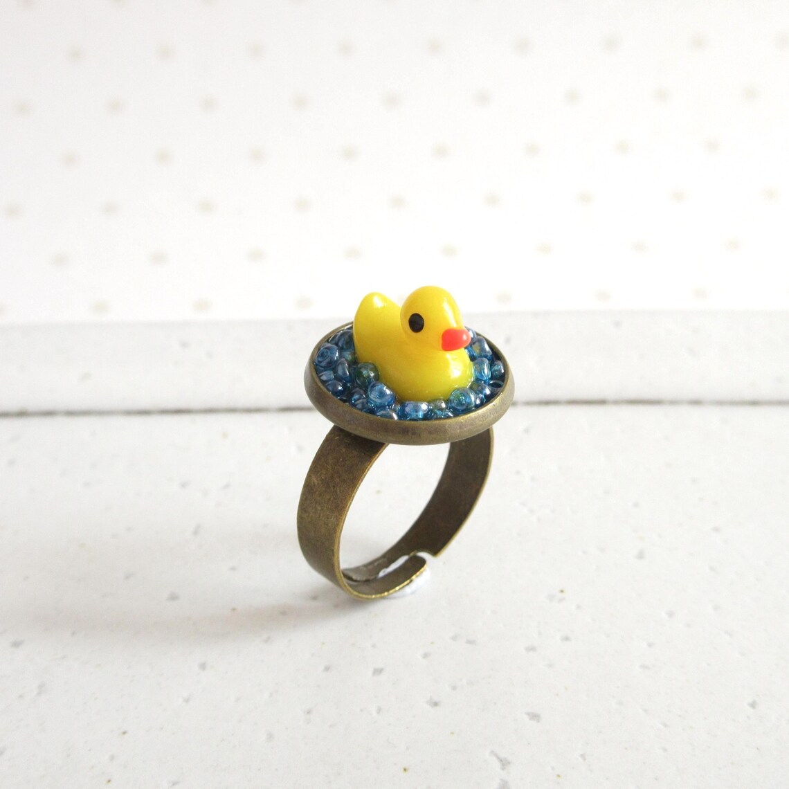 Cute Yellow Duck Ring, Sea Blue Glass Beads Adjustable Ring - Etsy
