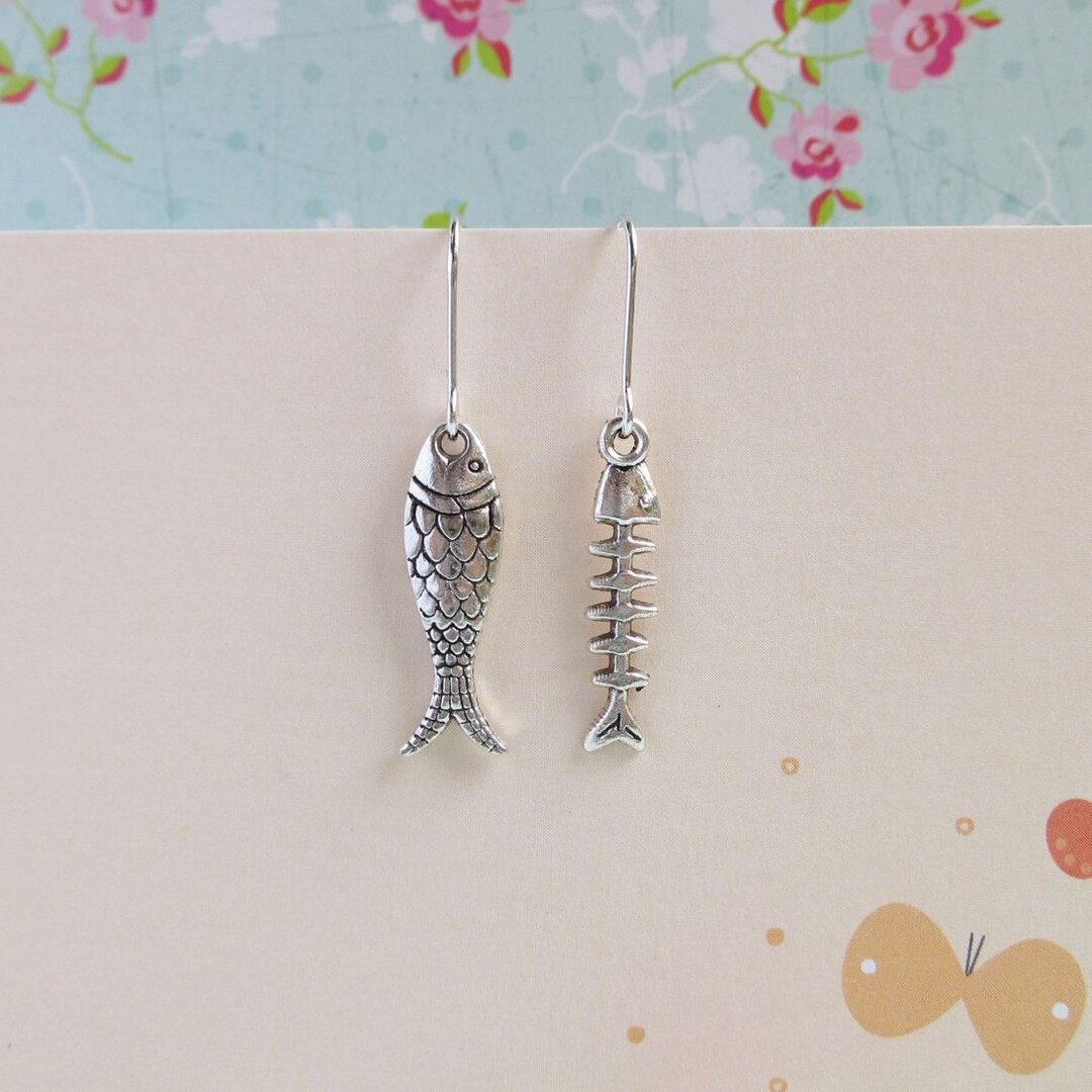 Salmon Fish Earrings, Antiqued Silver Fish Bone Earrings, Mix and Match ...