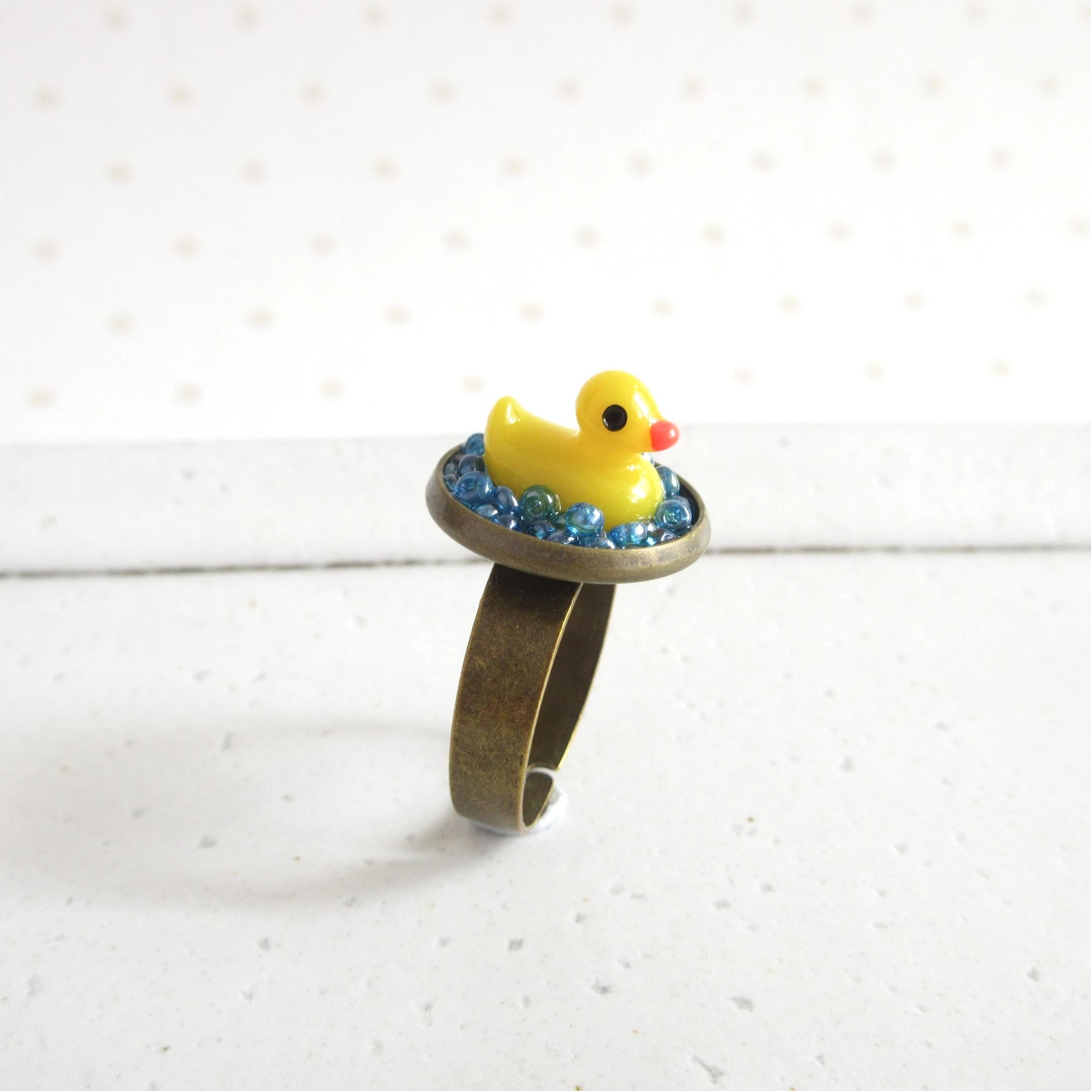 Cute Yellow Duck Ring, Sea Blue Glass Beads Adjustable Ring - Etsy