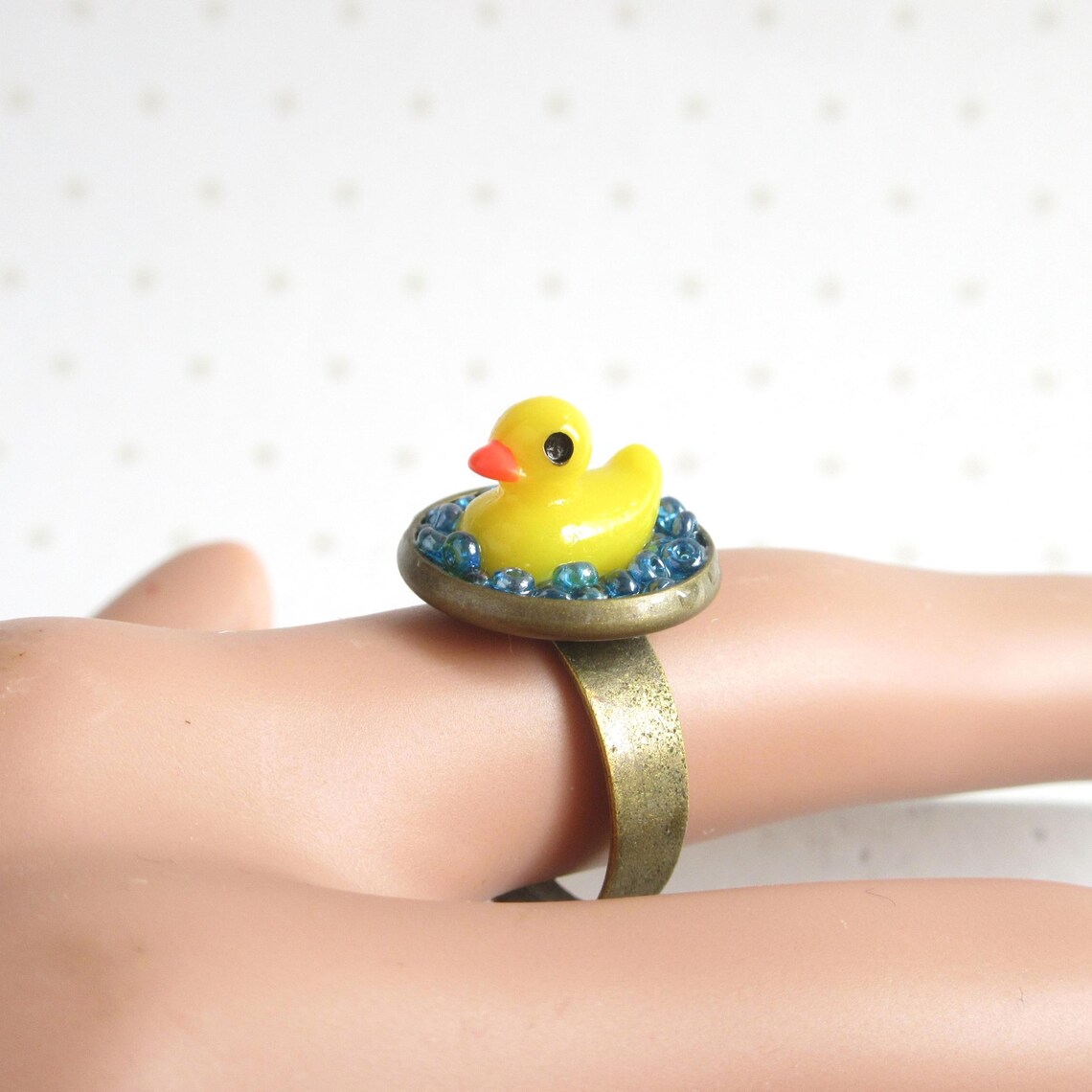 Cute Yellow Duck Ring, Sea Blue Glass Beads Adjustable Ring - Etsy