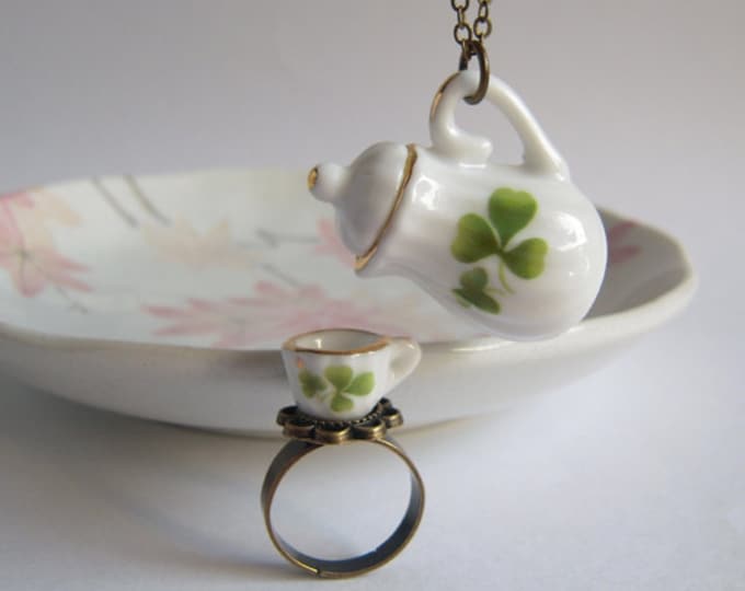 Teapot Necklace, Tea Cup Ring, Miniature Ceramic Jewelry Set, Green ...