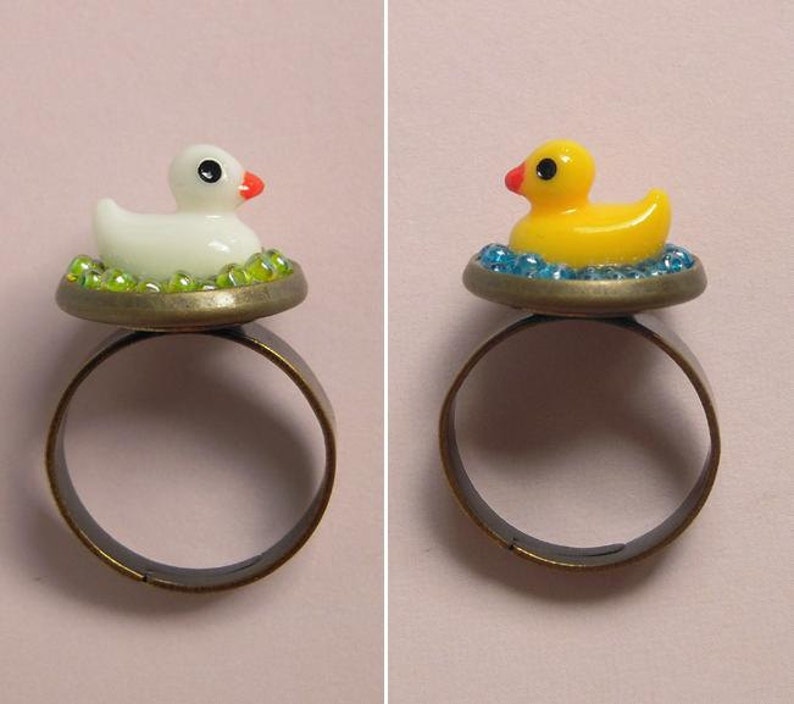 Cute Yellow Duck Ring Sea Blue Glass Beads Adjustable Ring | Etsy
