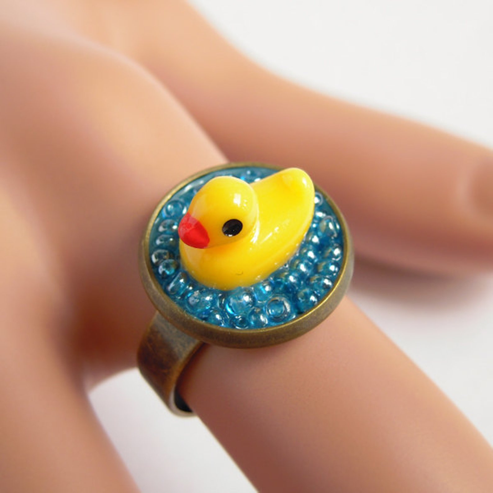 Cute Yellow Duck Ring Sea Blue Glass Beads Adjustable Ring - Etsy