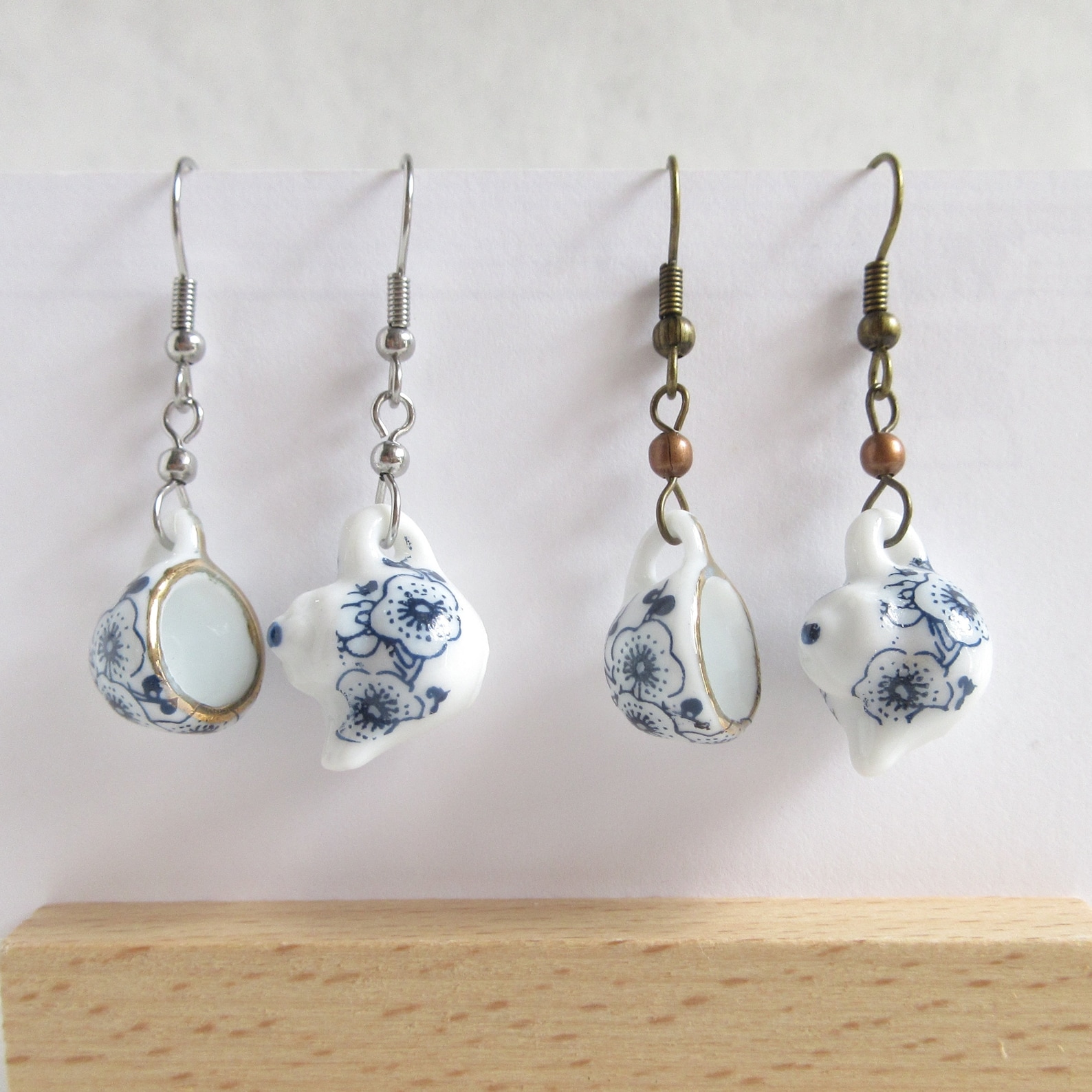 Teapot Tea Cup Earrings, Classic Blue Flower Miniature Set, Stainless ...