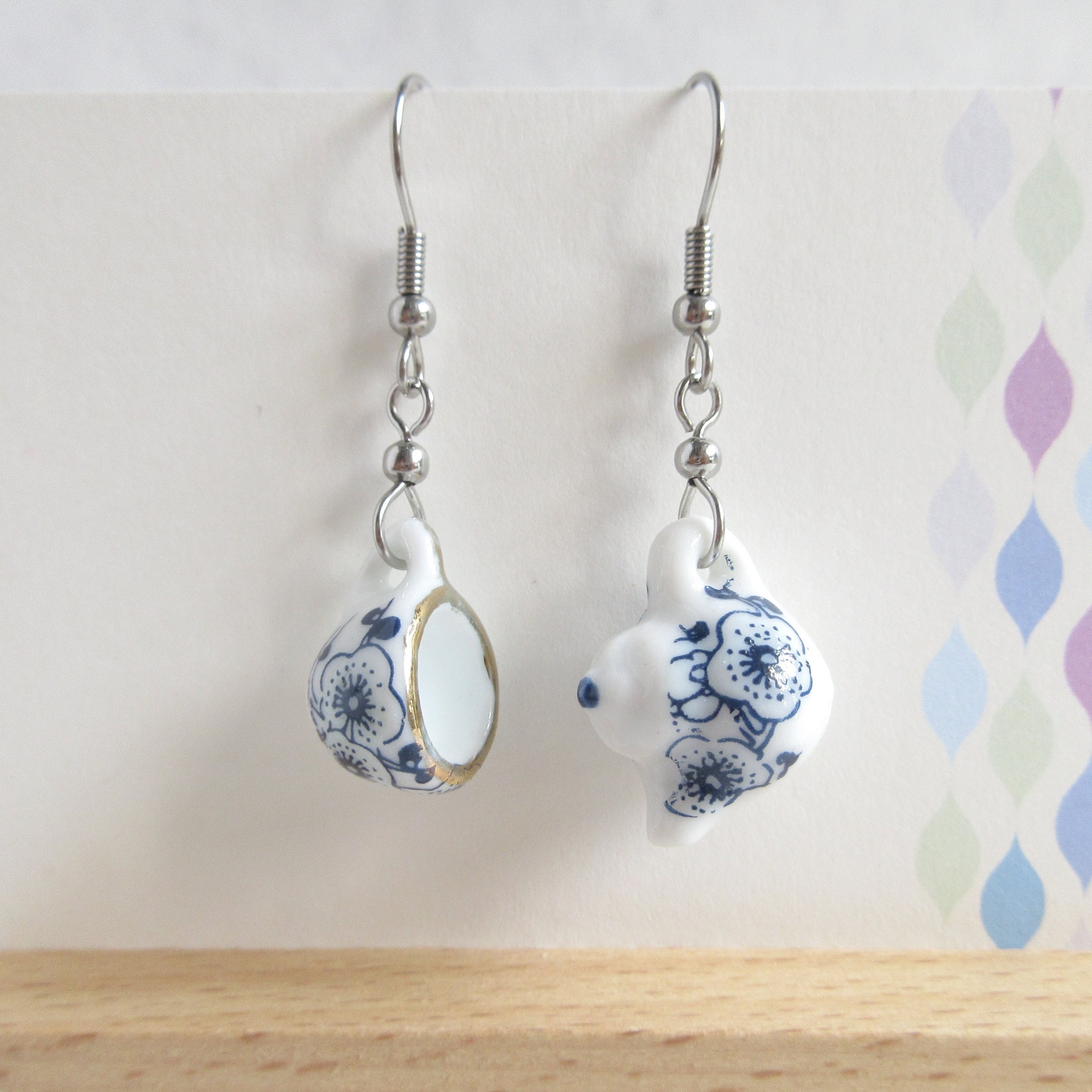 Teapot Tea Cup Earrings, Classic Blue Flower Miniature Set, Stainless ...