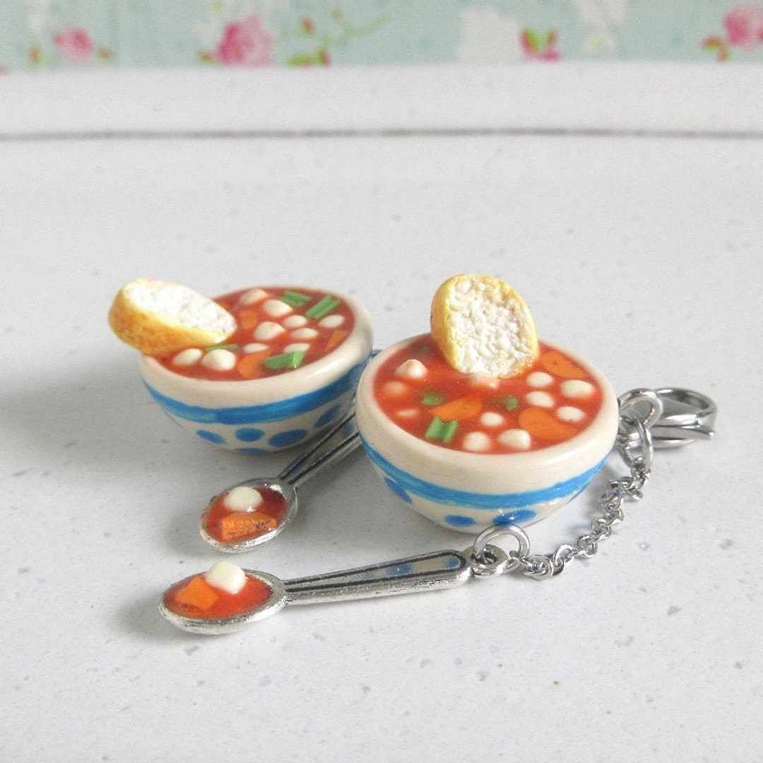 Vegetable Soup Charm, Bowl of Soup With Baguette Bread and Silver Spoon ...