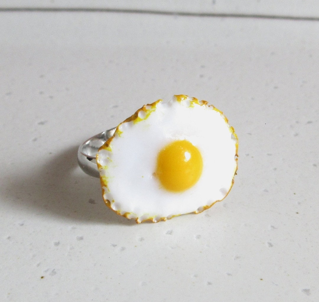 Fried Egg Ring, Sunny Side Up, Polymer Clay, Silver Tone, Quirky Food ...