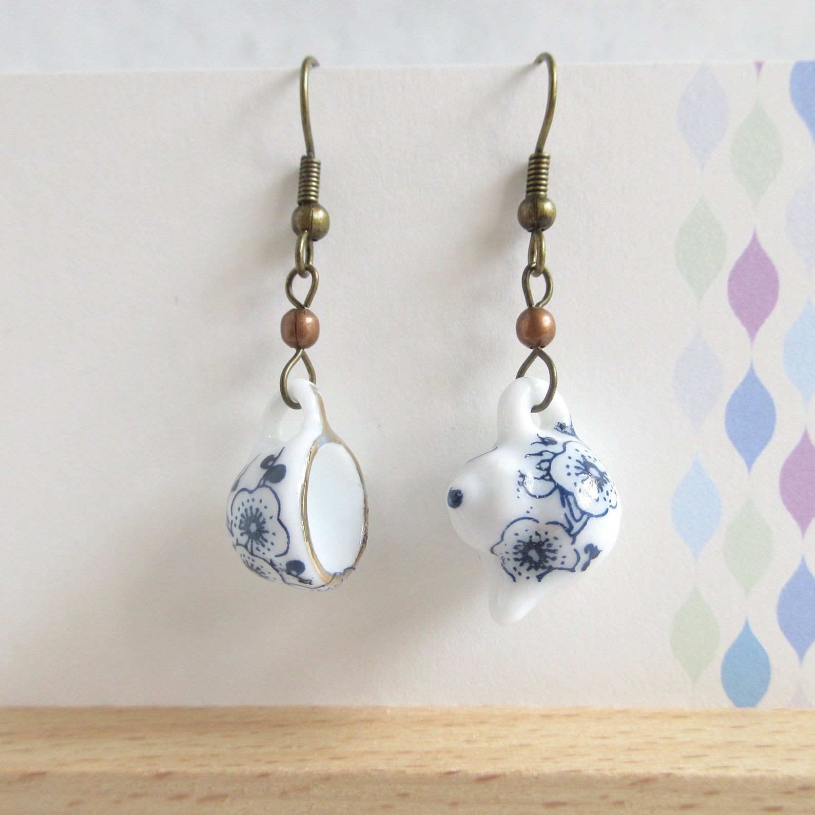 Teapot Tea Cup Earrings, Classic Blue Flower Miniature Set, Stainless ...