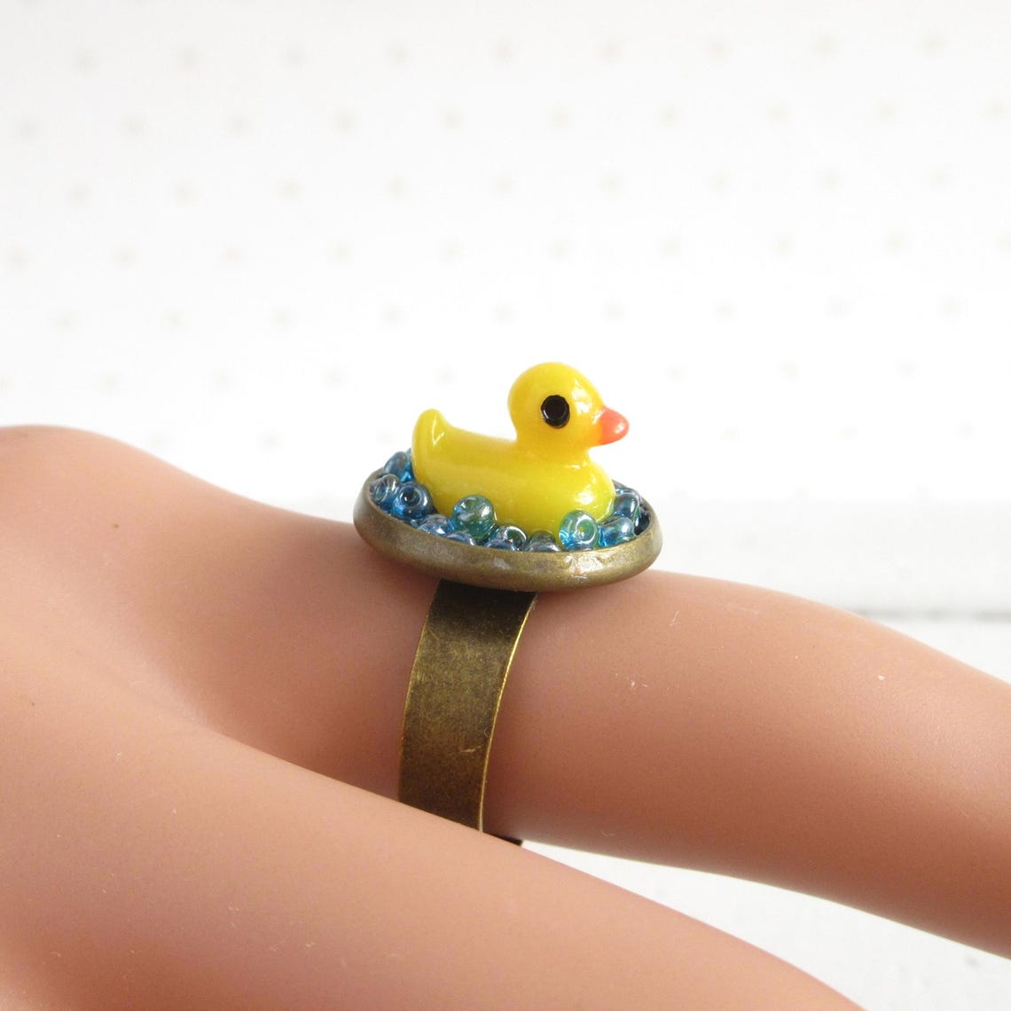 Cute Yellow Duck Ring, Sea Blue Glass Beads Adjustable Ring - Etsy