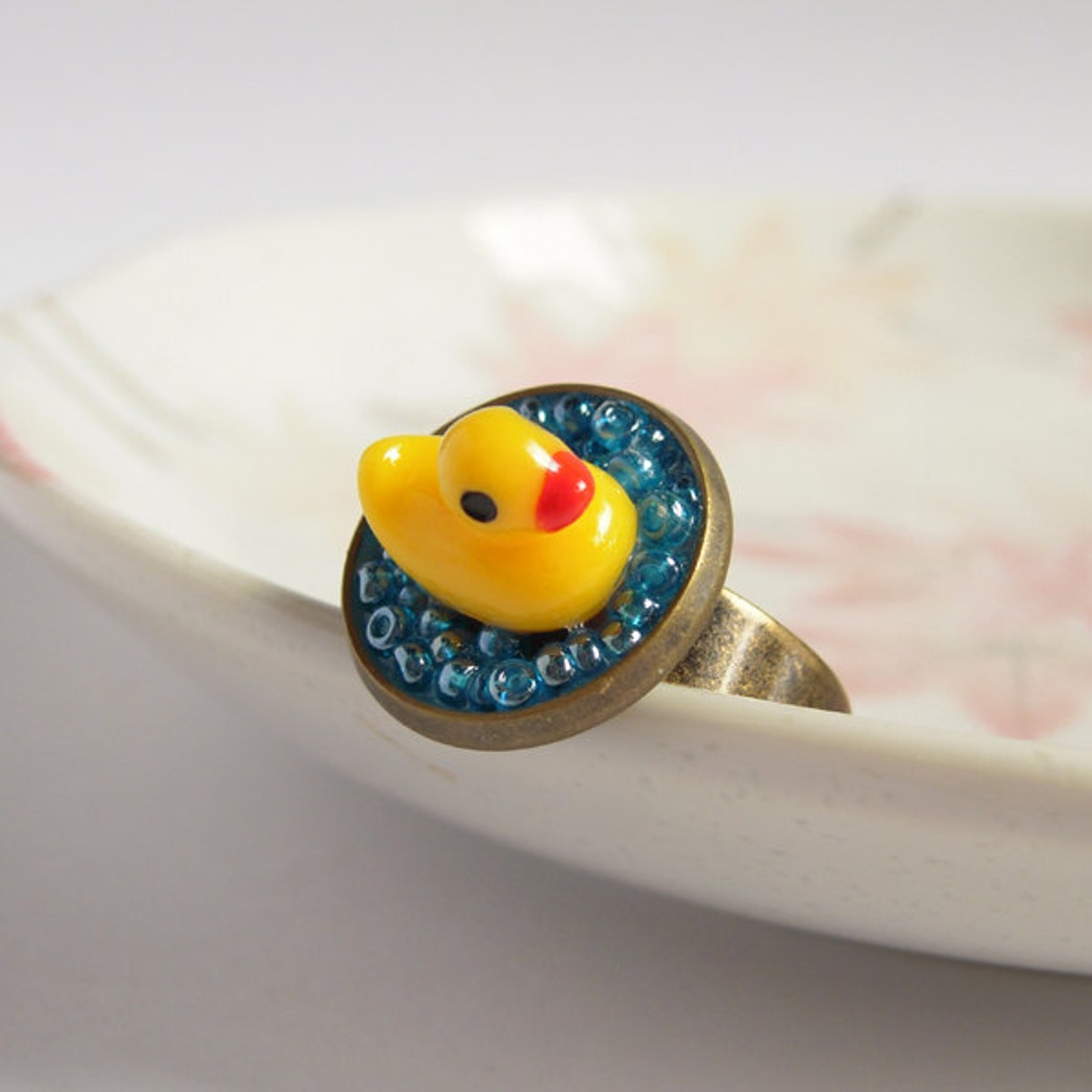 Cute Yellow Duck Ring Sea Blue Glass Beads Adjustable Ring - Etsy