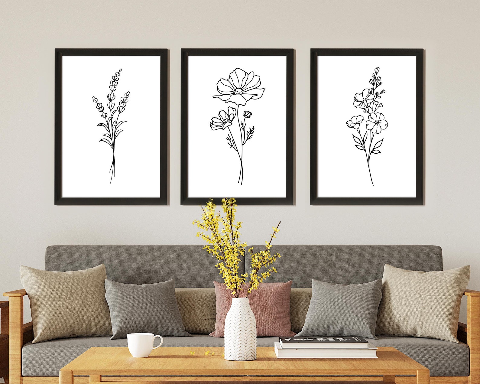 Line Art Print Set of 3, Wall Decor for Living Room, Flower Line Art ...
