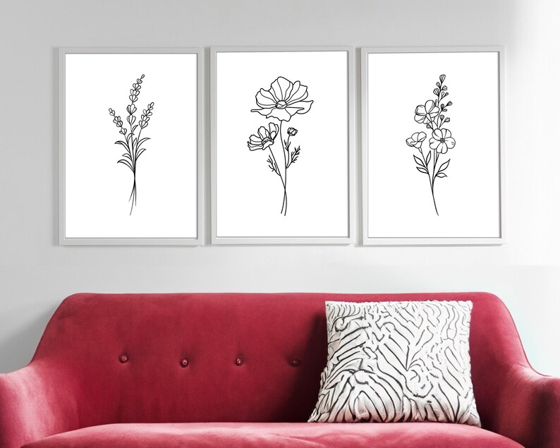Line Art Print Set of 3, Wall Decor for Living Room, Flower Line Art ...