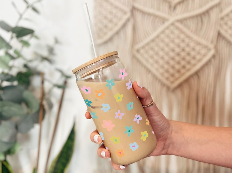 Flower Glass Cups, Floral Iced Coffee Cup, Glass Cups With Lid and ...