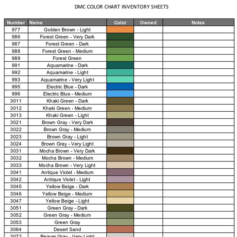 Printable Diamond Painting DMC Color Chart Tracker Inventory Sheet PDF ...