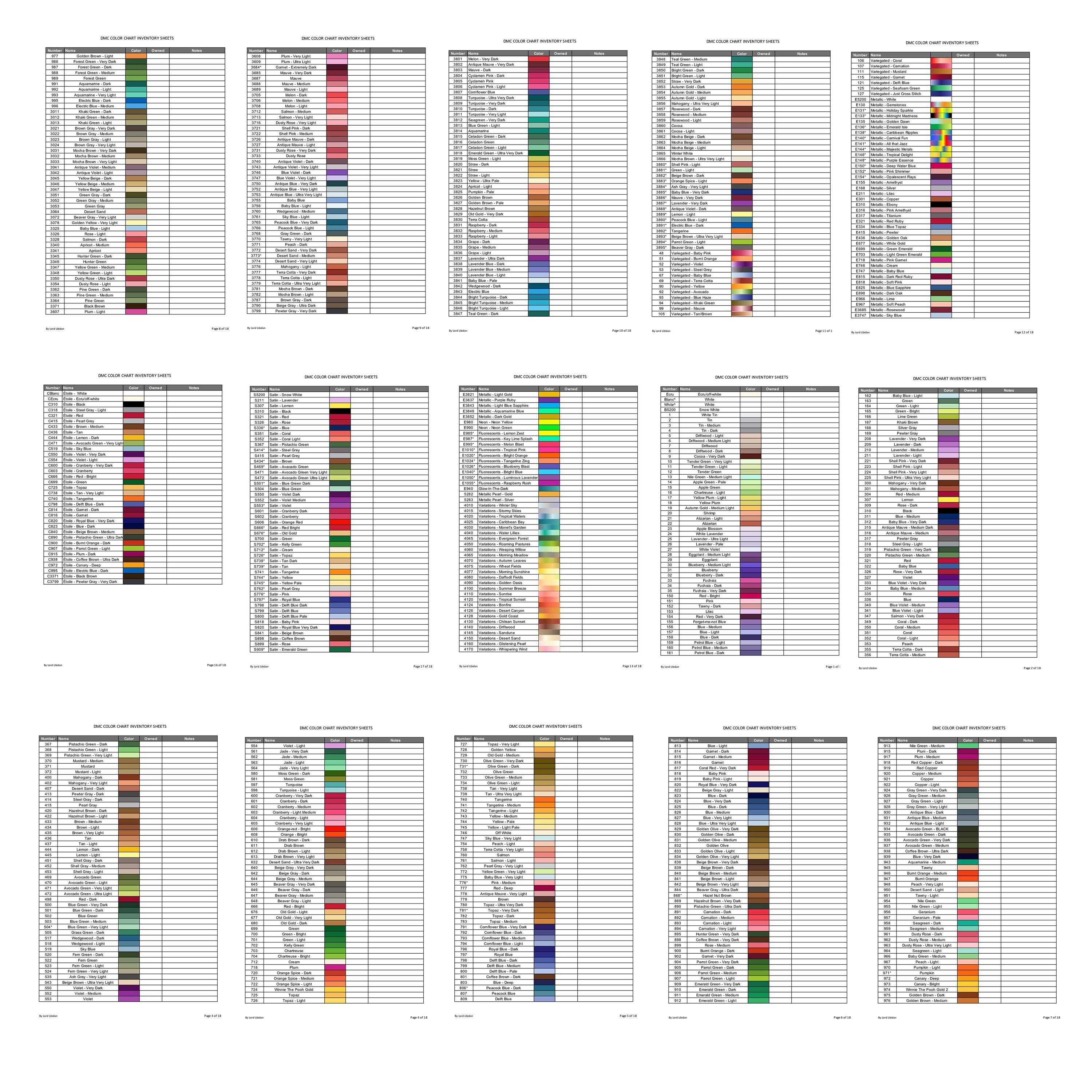 Printable Diamond Painting DMC Color Chart Tracker Inventory Sheet PDF ...