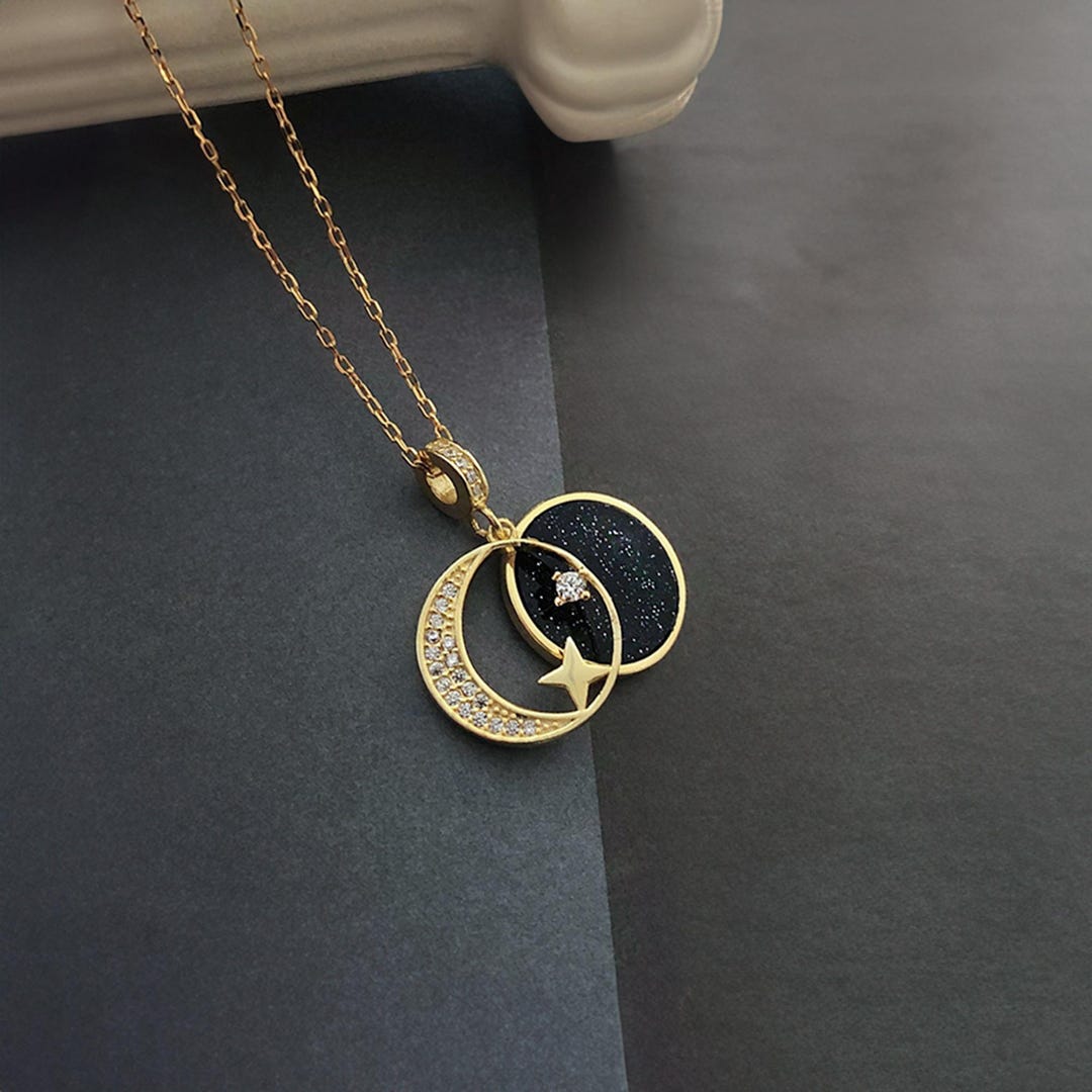 Gold Crescent Moon & Star Pendant Necklace – Celestial Charm, 925 ...
