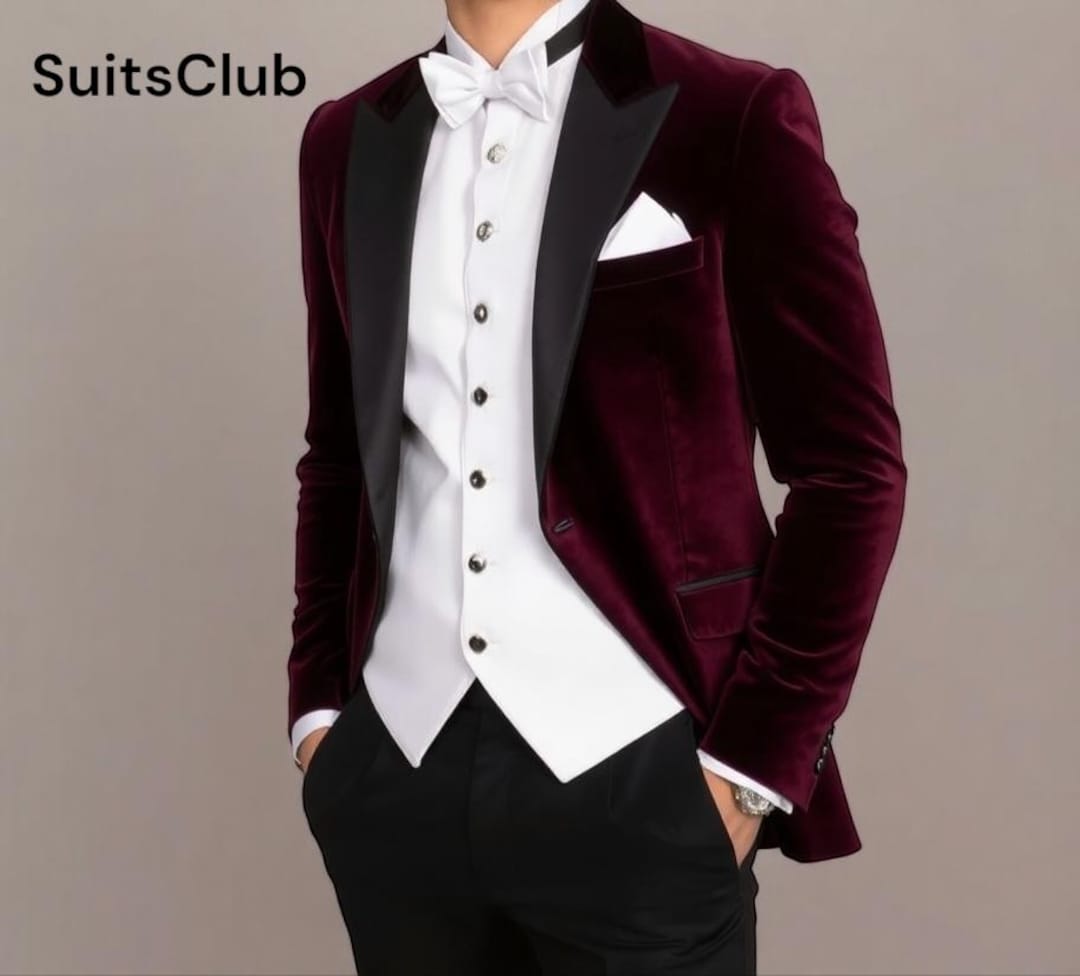Men Velvet Suit - Velvet Tuxedo Jacket - Groom Wedding Wear - Maroon ...